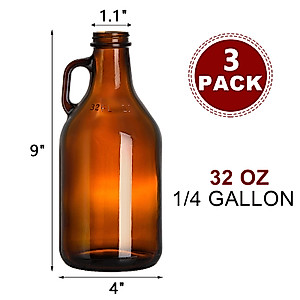 ZEAYEA 3 Pack Glass Growler, 32 oz Amber Glass Jug with Lids and Handle, Great for Beer, Home Brewing, Kombucha, Distilled Water