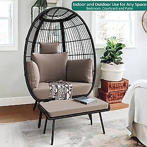 YITAHOME Wicker Egg Chair with Ottoman Outdoor Indoor Oversized Lounger with Stand, Cushions, Egg Basket Chair for Patio Backyard Porch - Brown & Black