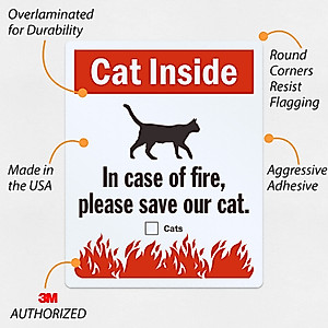 SmartSign (Pack of 5) 5 x 4 inch “Cat Inside - in Case of Fire Please Save Our Cat” Labels, 5.5 mil Laminated Vinyl, 3M Engineer Grade Reflective Material, Red/Black on White, Made in USA