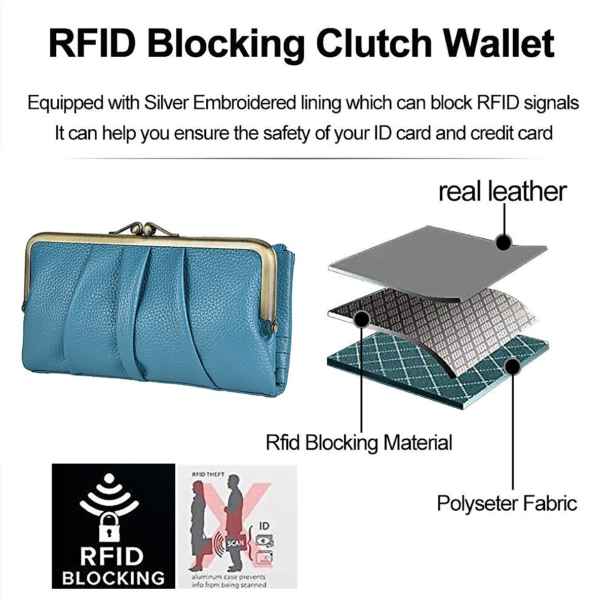 EASTNIGHTS Rfid Blocking Wallets for Women Leather Clutch Wallet Bifold Credit Card Holder Ladies Coin Purse with Zipper and Kiss Lock (Blue)