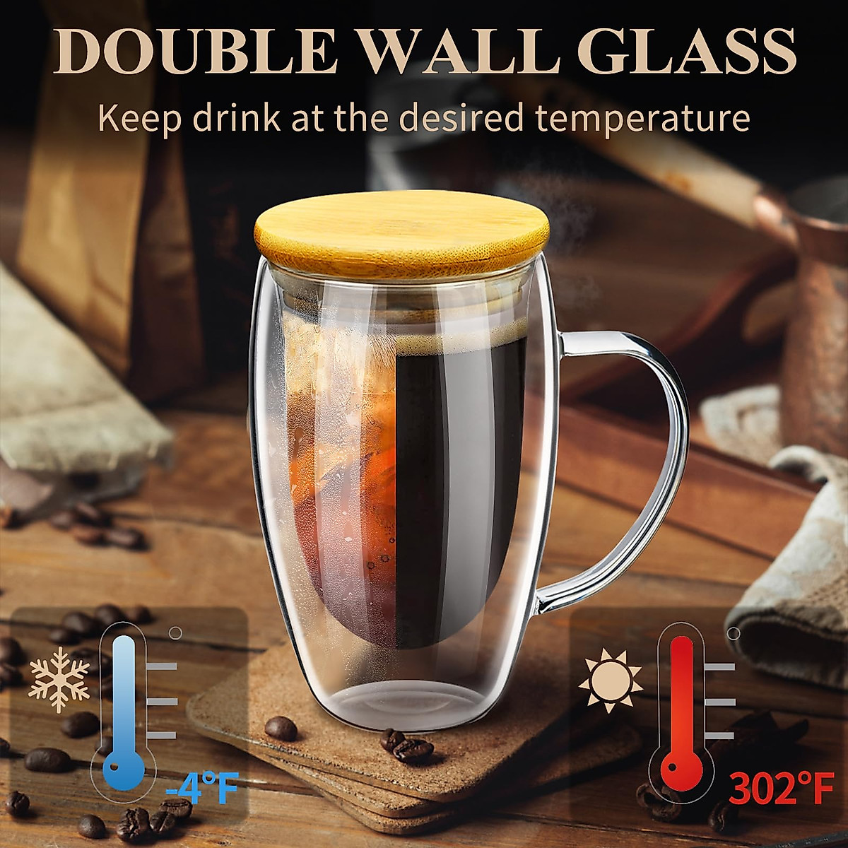 PARACITY Double Wall Glass Coffee Mugs 16OZ with Bamboo Lid/Spoon, Glass Coffee Cups Set of 2 with Handle, Insulated Clear Coffee Mug, Perfect for Latte, Cappuccino, Espresso, Hot Beverage, Tea