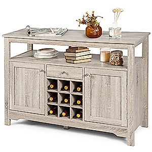 PETSITE Sideboard Buffet Cabinet with Storage, Wine Rack, Open Shelf, 2 Cabinets & Drawer, Wood Accent Coffee Bar Station Console Tables for Home Kitchen, Living Room, Entryway
