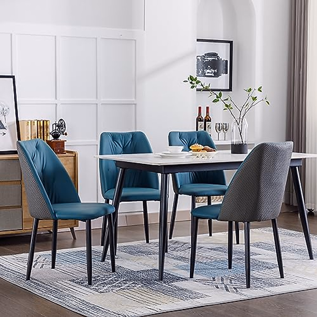 Luoyisimall Kitchen Chair Set of 4，Pu Leather Upholstered Cushion Seat Dining Chairs with Black Sturdy Metal Legs Modern Armless Living Room Accent Desk Side Chairs (Set of 4-Navy Blue)