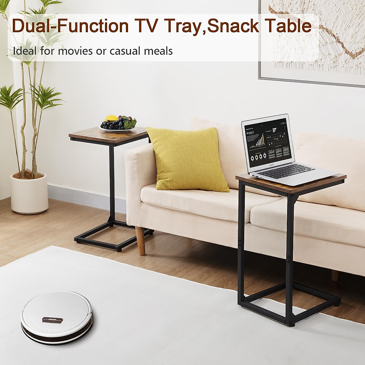 AMHANCIBLE C Shaped End Table, Slide Under Couch Table for Sofa, TV Tray Snack Table, Small Side Table for Small Space, Living Room, Brown HET02CBR1