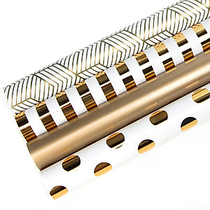 Ribbli Christmas Wrapping Paper, White and Gold Wrapping Paper for Birthday, Holiday, Wedding, Graduations, Baby Shower, Polka dots/Stripes/Geometric/Matte Gold,4 Rolls - 30 inch x 120 inch(10feet) Per Roll