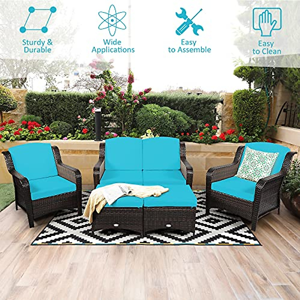 Tangkula 5 Pieces Patio Furniture Set, Outdoor Rattan Conversation Sofa Set with Loveseat, Single Sofas and Ottoman, Sectional Sofa Set with Removable Cushions for Porch, Backyard, Balcony, Lawn