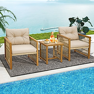 HAPPYGRILL 3 Pieces Patio Furniture Set, PE Wicker Conversation Set with Soft Seat & Back Cushions, Stable Acacia Wood Frame, Outdoor Sofa Set for Backyard, Porch, Poolside