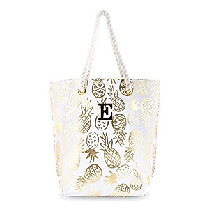 WEDDINGSTAR Personalized Monogrammed Cotton Canvas Beach Tote Bag - Gold Pineapple Print