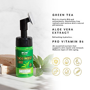 WOW Skin Science Green Tea Foaming Face Wash w/Soft Brush- Refreshing, Clarifying Facial Cleanser with Antioxidant Green Tea & Aloe Vera Extract - All Skin Types (100 ml)