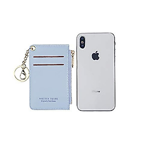 Small Wallets for Women Slim Leather Card Case Holder Wallet Coin Change Purse with Keychain (Blue)