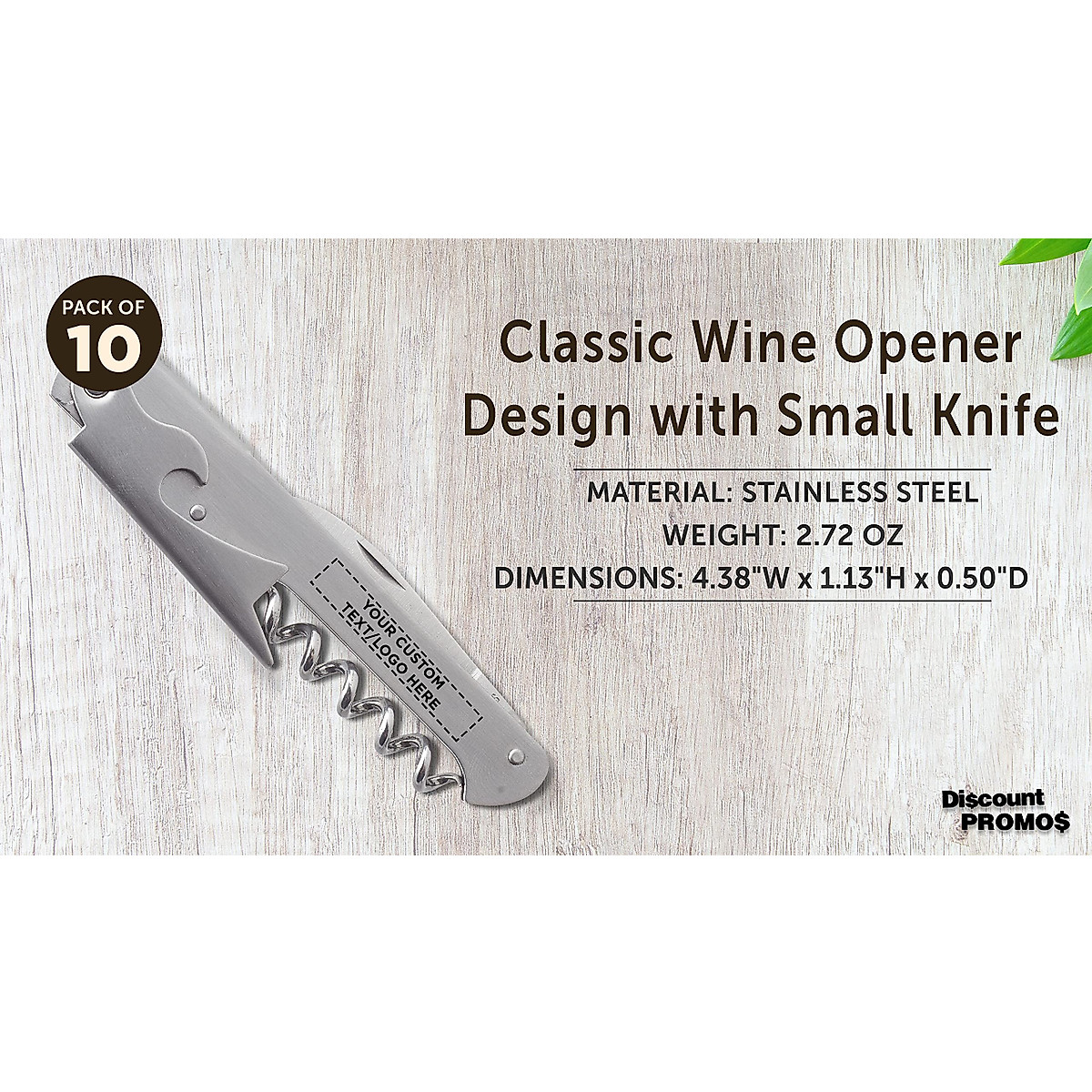 10 Valencia Stainless Steel Wine Bottle Openers Set - Customizable Text, Logo - Corkscrew, Serrated knife, Perfect for Bars - Silver