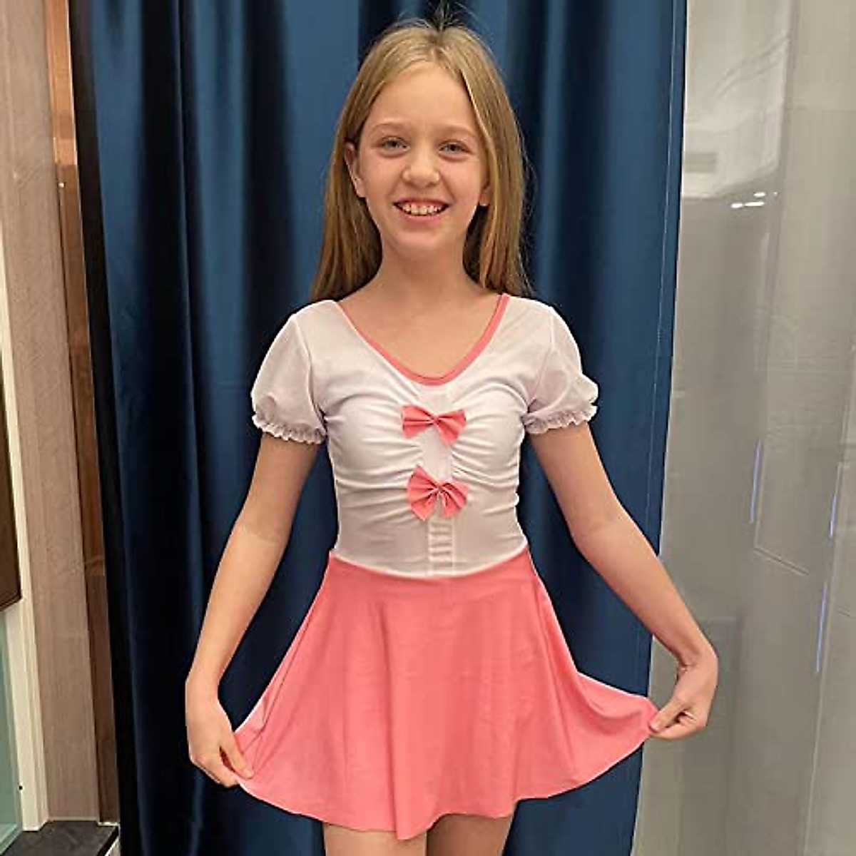 MEIBAN Girls Swimsuit 1 Piece Puff Sleeves Dress Swimwear Bathing Suit 7 to 18 Years Girls Racing (Orange, 12-14 Years)