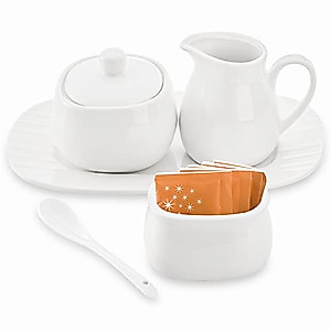 Dicunoy Set of 4 Sugar and Creamer Set, Small Creamer Pitcher with Handle, Sugar Bowl with Lid, Spoon and Tray, White Ceramic Sweetener Packet Container for Coffee Bar, Tea, Milk