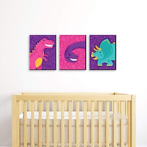 Big Dot of Happiness Roar Dinosaur Girl - Dino Mite T-Rex Nursery Wall Art and Kids Room Decorations - Gift Ideas - 7.5 x 10 inches - Set of 3 Prints