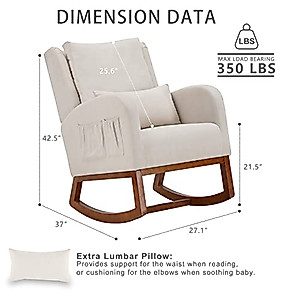 Iroomy Modern Accent Rocking Chair, Upholstered Rocking Chair Glider Rocker High Back Arm Chair W/2 Side Pockets, Rocking Chair Indoor for Living Room/Bedroom/Nursery-Beige