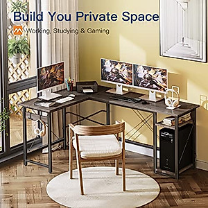 Coleshome L Shaped Computer Desk 66" with Storage Shelves, Corner Gaming Desk, Sturdy Writing Desk Workstation, Modern Wooden Desk Office Desk, Wood & Metal, Grey Oak