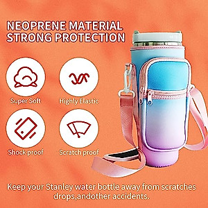 Water Bottle Carrier Bag for Stanley Quencher H2.0, 40oz Bottle Pouch Holder with Adjustable Shoulder Strap, Water Bottle Sling Sleeve with Phone Pocket for Hiking Travelling Camping (Bluepurple)