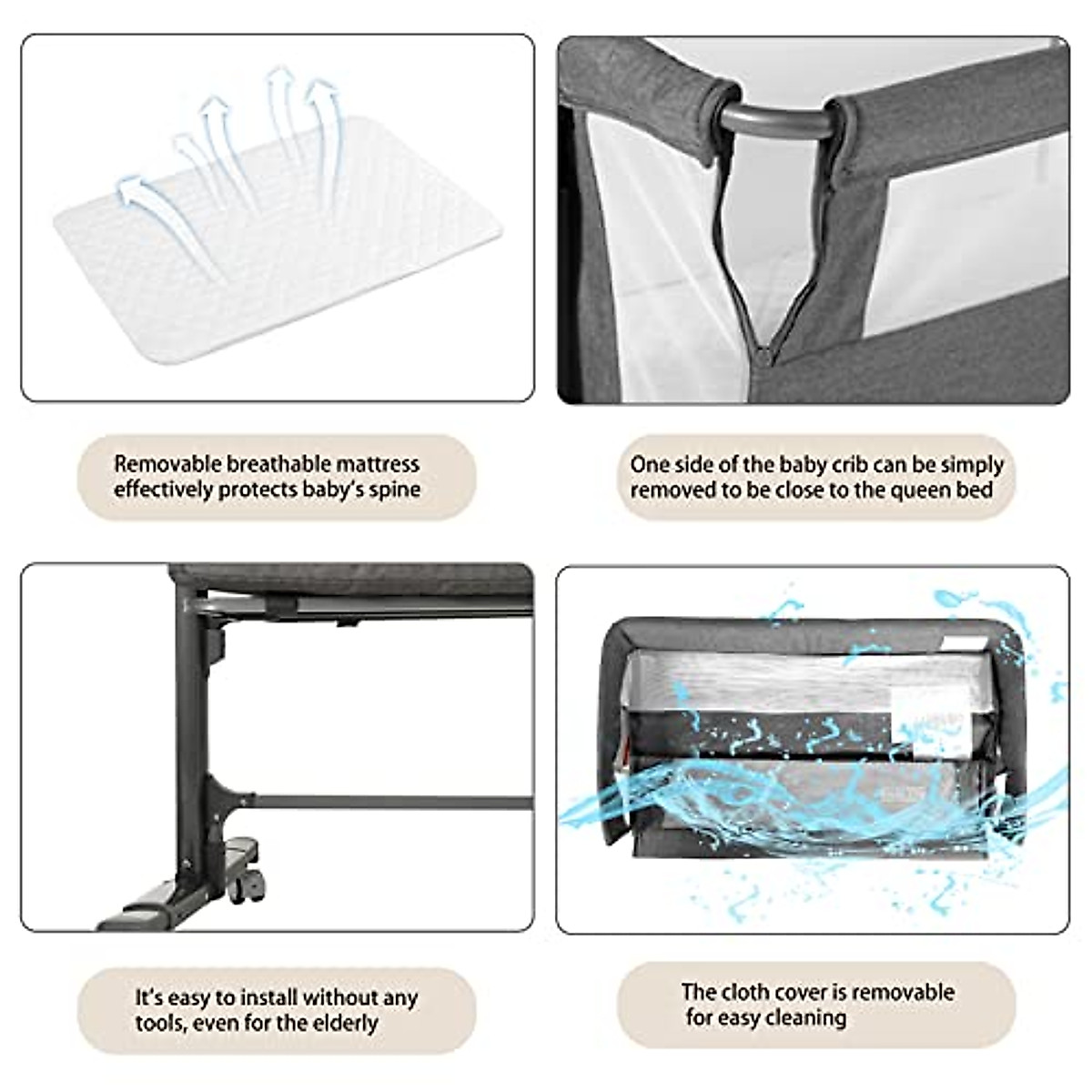 Kinder King Baby Bassinet w/Wheels, Folding Portable Newborn Bedside Sleeper, All-Sided Mesh Infant Crib, Adjustable Height/Angle, Removable Soft Mattress, No Tool to Assemble, Grey