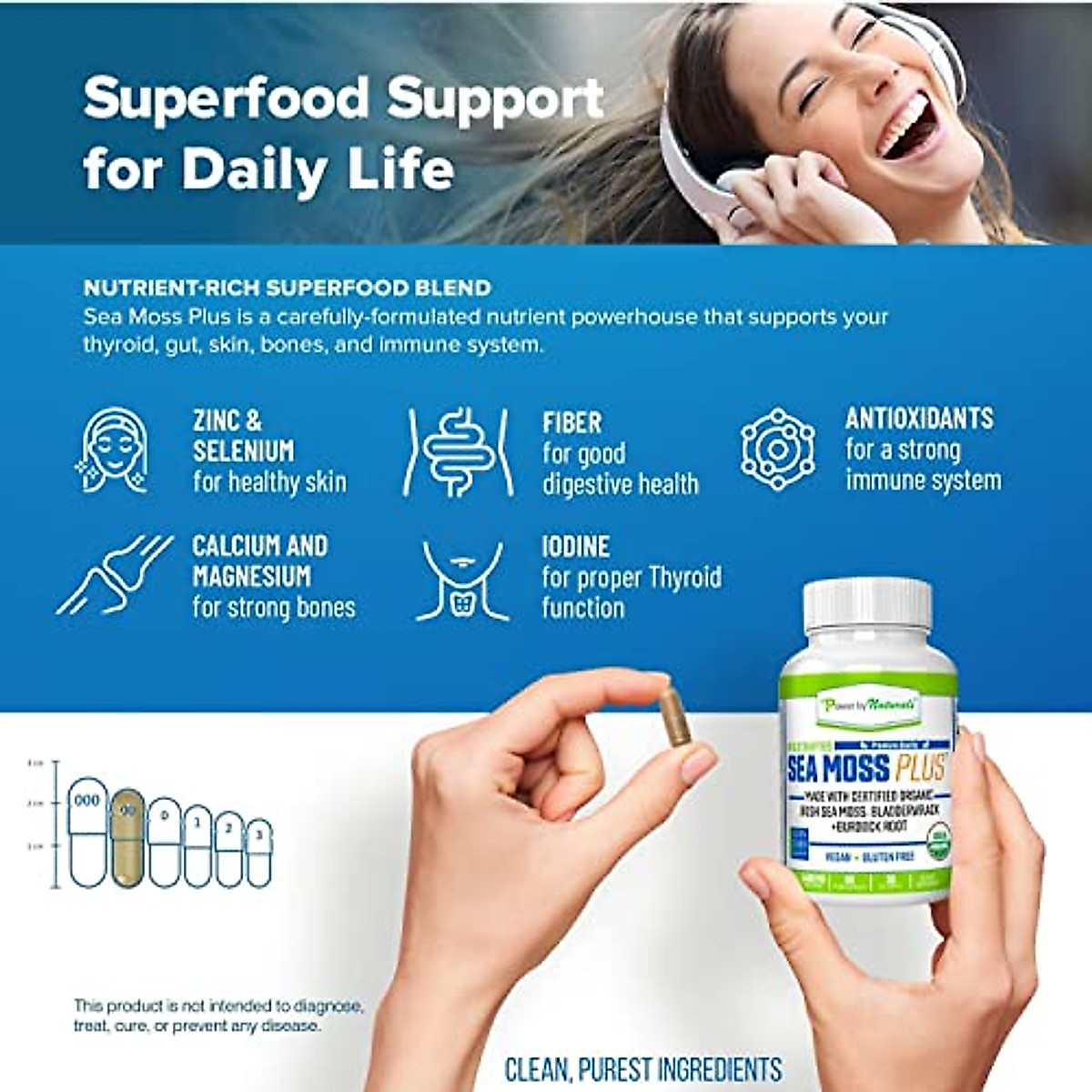 Power By Naturals USDA Organic Sea Moss Plus Bladderwrack and Burdock Root Capsules for Gut Health, Immune Support & Thyroid Supplement (Pure, No Fillers, Wildcrafted Irish SeaMoss Pills) 60Ct.