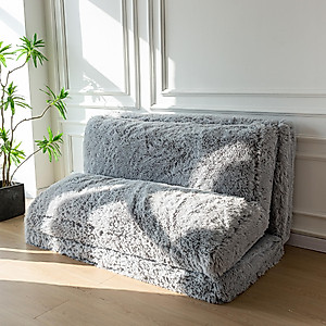 MAXYOYO Bean Bag Bed Floor Bed, Faux Fur Floor Sofa Floor Chairs for Adults, Folding Sofa Bed Foam Filling Wall Couch Sleeper Chairs Single Size Floor Mattress, Grey, 30x95 Inch