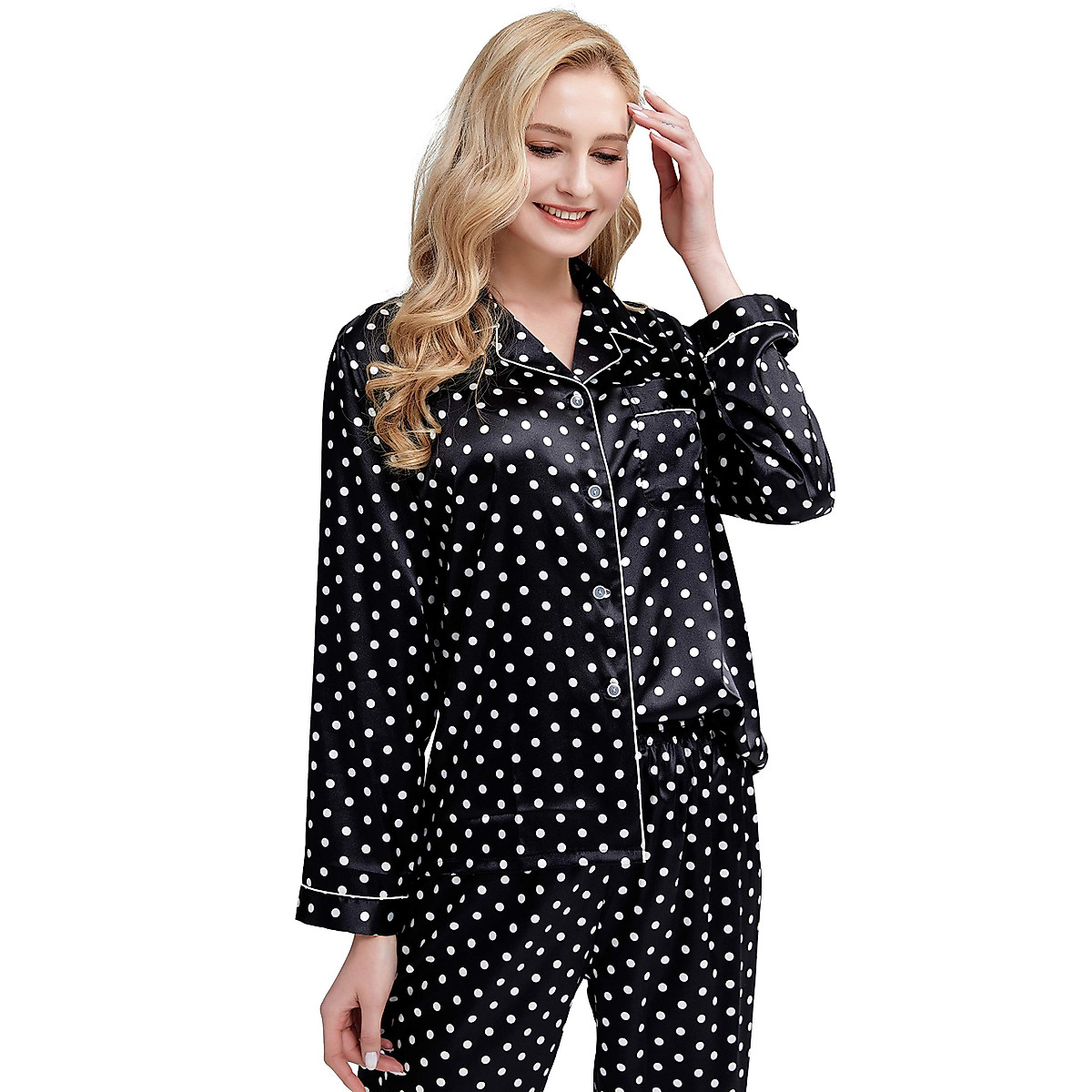 Women's Classic Satin Pajama Set Sleepwear Loungewear (Black and White Polka Dot, Large)