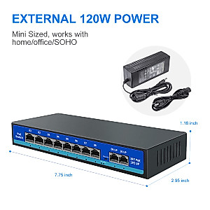 8 Port PoE Switch with 2 Uplink Ports, 120W Poe Switch, IEEE 802.3af/at, Unmanaged, Metal Housing, Fanless Design, PoE Switch for IP Cameras, PoE Devices