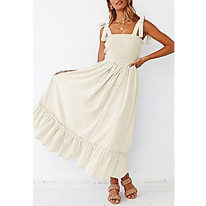 ZESICA Women's 2023 Summer Boho Spaghetti Strap Square Neck Solid Color Ruffle A Line Beach Long Maxi Dress,Apricot,Small