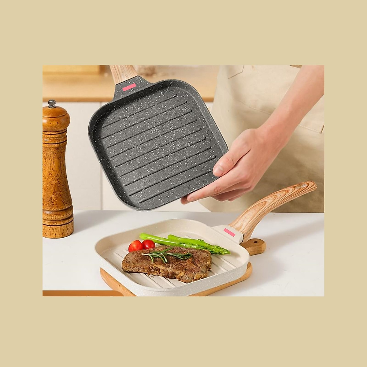 HUPECHAM Grill Pan MINI Size19cm/7.5 Inch For Indoor Cooking Non-Stick Granite, Griddle Pan For Stove Top, Steak Pan For Stove Top, Aluminum Skillet Griddle, Single Serve