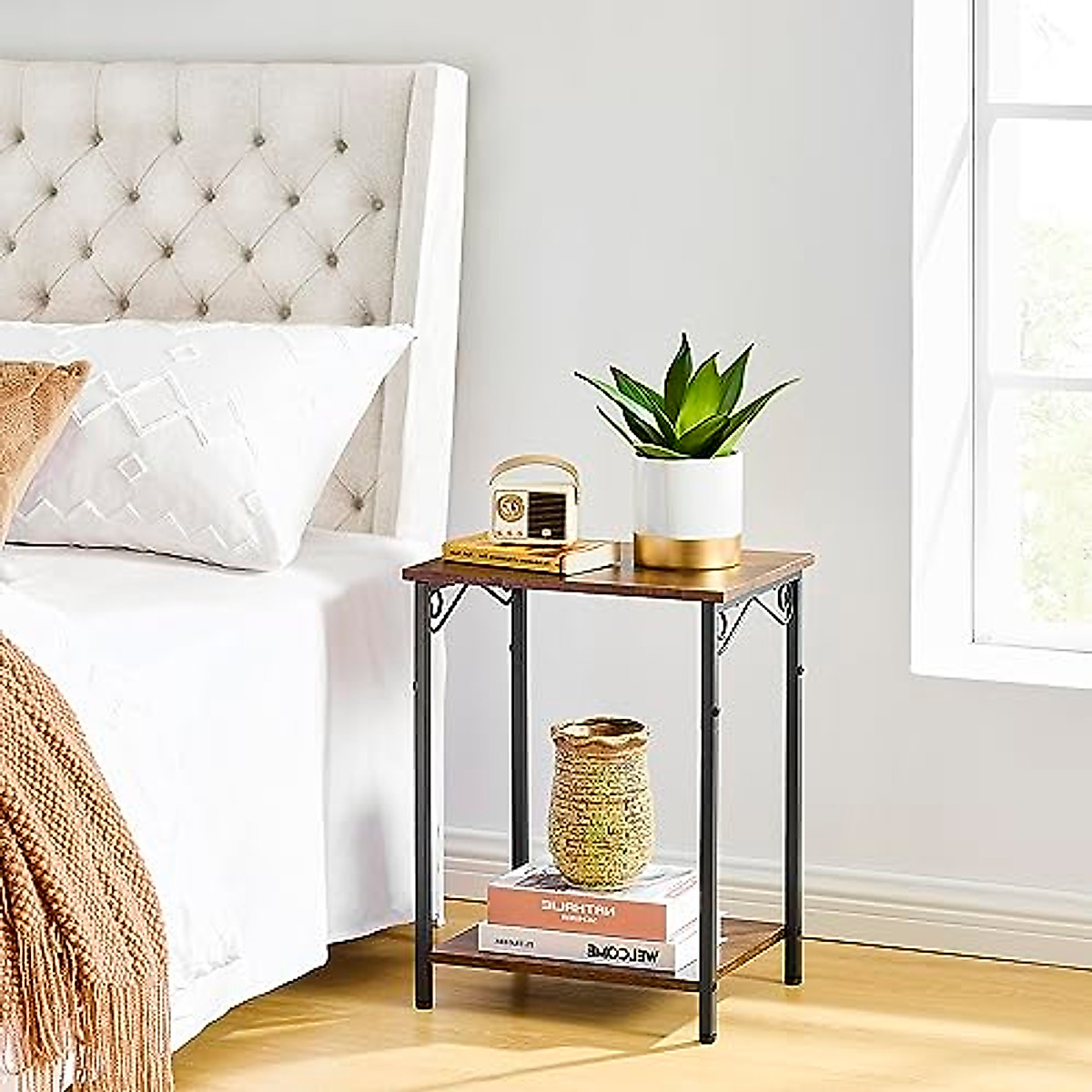 Hoctieon 2 Tier End Table, Small Night Table, Narrow Side Table with Storage, Nightstand for Small Spaces, Living Room, Bedroom, Sofa Couch, Rustic Brown