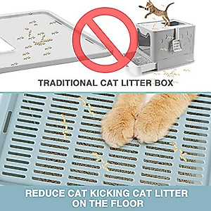 COBETE Cat Litter Box, Foldable Top Entry Covered Cat Litter Box with Lid, Easy Clean No Smell Pet Jumbo Litter Box with Mat and Scoop (Blue)