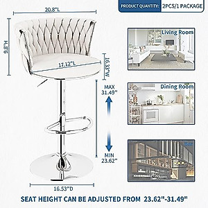 AWQM Velvet Bar Stool Set of 4,Counter Height Barstools Adjustable Kitchen Island Chairs,Swivel Bar Stools Upholstered Bar Chairs Counter Stool Armless Chairs with Back & Footrest, Beige