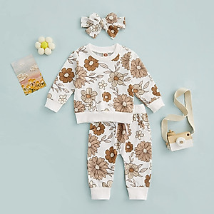 3Pcs Baby Girl Outfits Floral Sweatshirt + Pants + Headband Infant Fall Winter Clothes White 18-24 Months
