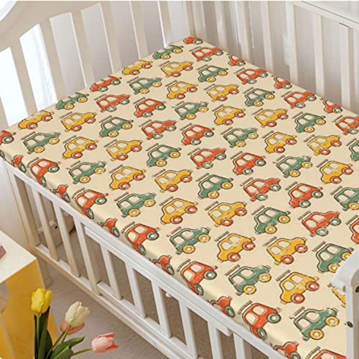 Cars Themed Fitted Crib Sheet,Standard Crib Mattress Fitted Sheet Soft Toddler Mattress Sheet Fitted-Baby Crib Sheets for Girl or Boy, 28“ x52“,Multicolor