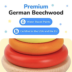 Bimi Boo Wooden Rainbow Stacking Rings for Toddlers - Ring Stacker Baby Toy with Roly-Poly Base - Montessori Early Counting Toy, Size Recognition Learning Activity - Ideal Baby Gift (5 Rings)