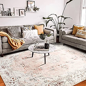 MUJOO Pink Rug 8'x10' Area Rugs for Living Room Washable Large Boho Rug for Bedroom Non Slip Abstract Soft Low-Pile Floral Flowers