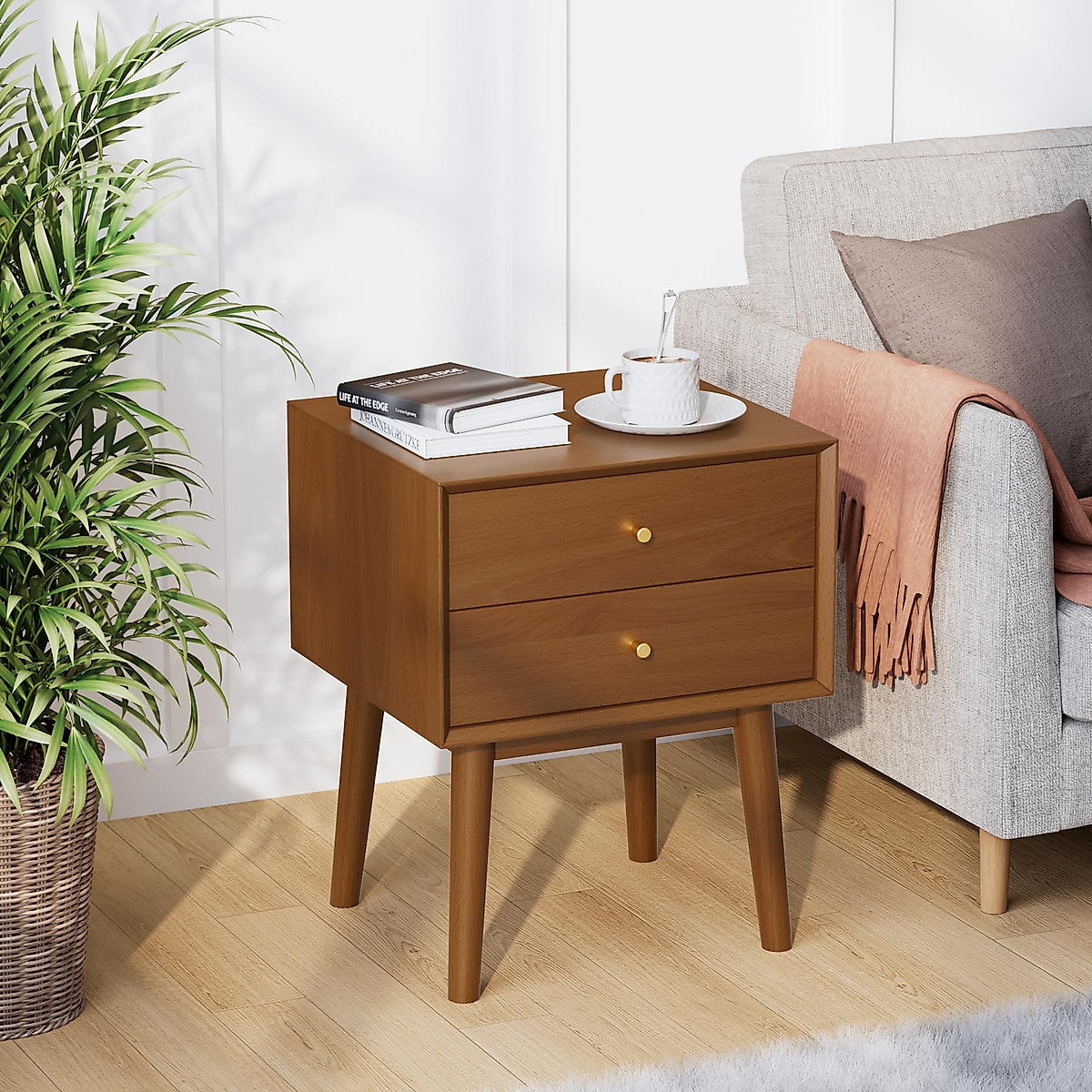 SANXIANHM Solid Wood Nightstand with 2-Drawers, Mid-Century Modern Night Stand,Small and Tall Bedside Table