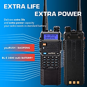 youRUSH Portable Ham Radio 2 Pack BAOFENG UV-5R 8W Dual Band Two Way Radio with Extended Battery BL-5L 3800 mAh with Lanyard & USB Programming Cable & USB Charger Cables, Chirp Support, USA Warranty