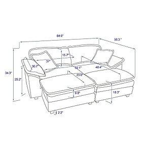 Free Combination Convertible Modular Sectional Sofa Cloud Couch, Comfy Corduroy Double-Upholstered Sleeper Sofa,84.6" Wide Loveseat Couches with Moveable Ottomans and Detachable Pillow-top Armrest