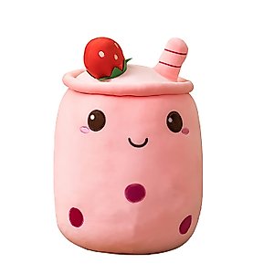 VICKYPOP Boba Plush Toy Cute Stuffed Bubble Tea Food Shaped Throw Pillow Cushion Cartoon Fruit Milk Tea Gift for Kids (Pink Open, 9.4 inches)