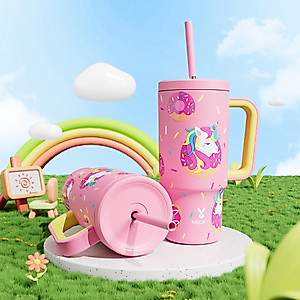 Meoky 24 oz Tumbler with Handle and Straw, 100% Leak-proof Tumbler with Lid and Straw, Insulated Stainless Steel Travel Coffee Mug, Keeps Cold for 24 Hours (Unicorn & Celebration)