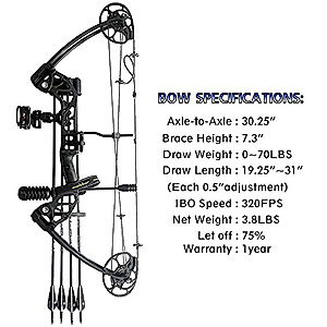 PANDARUS Compound Bow Draw Weight 0-70 Lbs for Pull Beginner and Intermediate Archer Fully Adjustable 19.25"-31" with All Accessories, up to IBO 320 fps New 2024(Black Right Handed Bag)