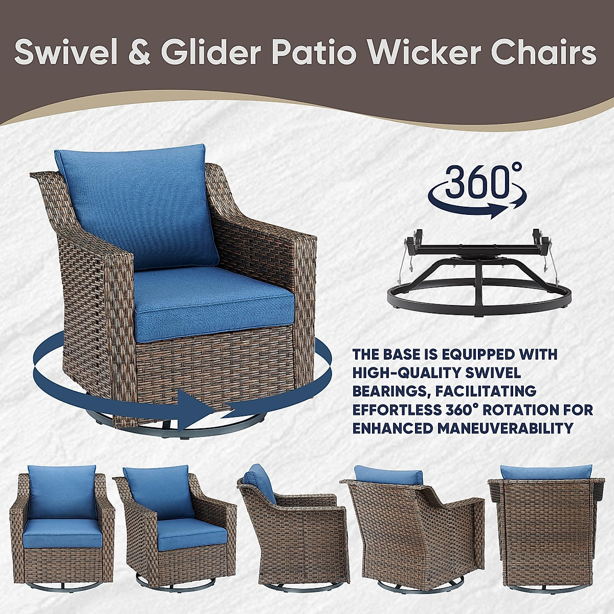 Opohoro 5 Pieces Patio Conversation Sets-Outdoor Furniture All Weather Wicker Couch with Swivel Glider Chair Patio Conversation Set for Porch Garden Backyard Poolside-Brown/Blue