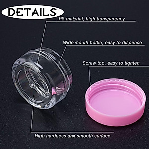50 Count 5 Gram Sample Containers, Clear Lip Balm Containers with Lids, Small Plastic Sample Jars with 4 Mini Spoons, 50pcs Labels (Pink Lid)