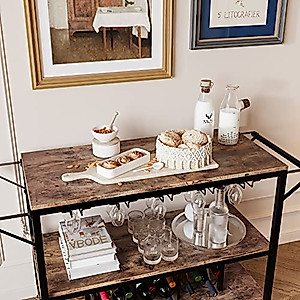3-Tier Wine Table, Serving Bar Carts for The Home with Glass Holder, Mini Home Bar, Industrial Liquor Carts on Wheels, Rustic Wood and Metal Coffee Station and Drink Trolley for Dining Room, Kitchen