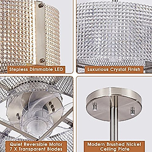 Zhizenl Ceiling Fans with Lights, Crystal Modern Flush Mount Ceiling Fan with Remote Control, Dimmable LED 6 Wind Speeds Low Profile Caged Ceiling Fan with Light for Bedroom Living Room