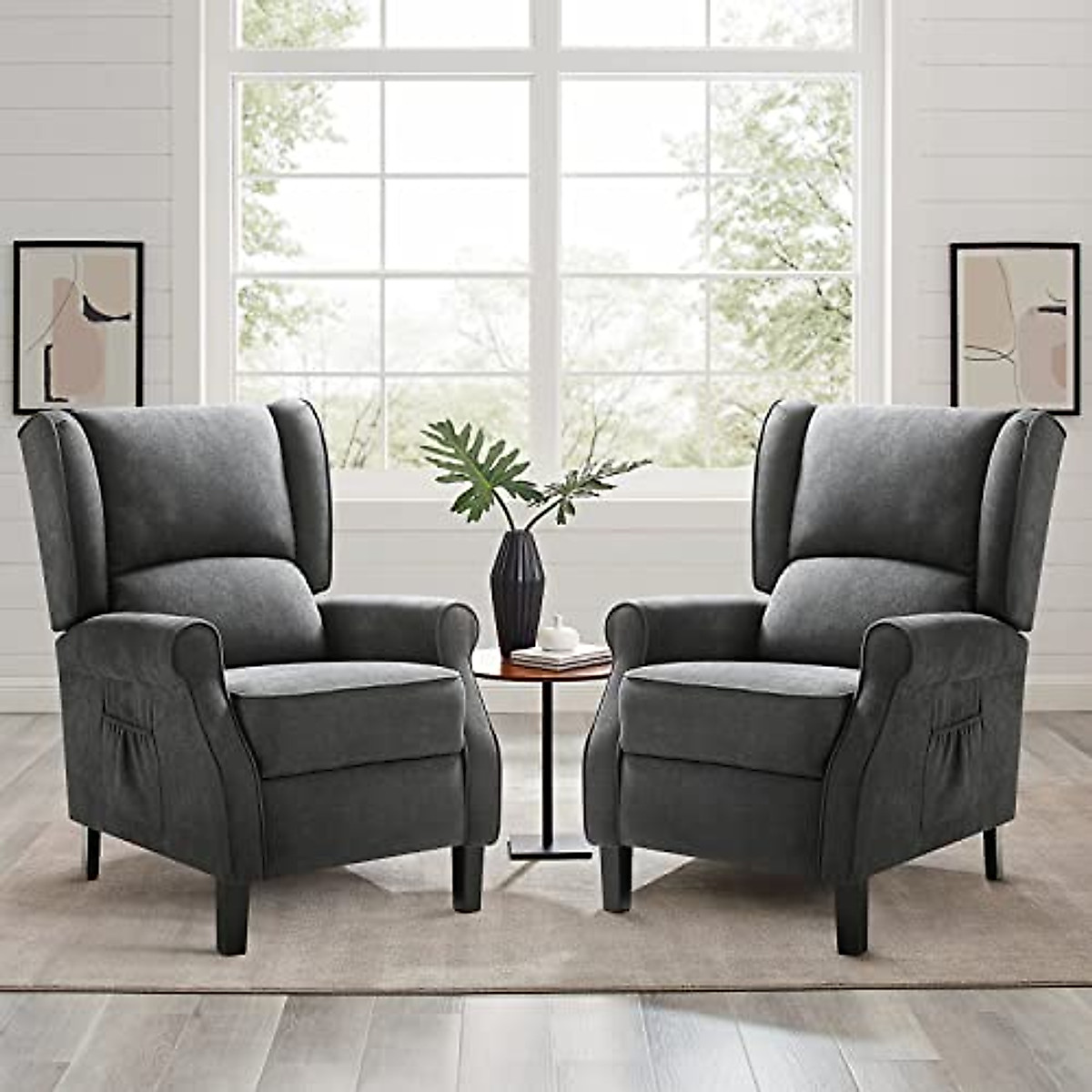 LEISLAND Wingback Recliner Chair for Living Room Fabric Lazyboy Push Back Chair with Heat and Massage, Tufted Armchair with Padded Seat,Grey(Set of 2)