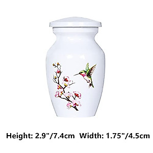 ICOKEE Hummingbird Small Urn for Human Ashes or Pet Ashes - Aluminum Cremation Mini Urn for Ashes - White Memorial Keepsake Urn - Qty 1- with Velvet Bag