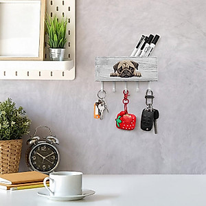 Pug Key Holder for Wall, Dog Mom Gift Mail Holder and Key Rack for Entryway,Rustic Key Hangers with 5 Hooks, Wall Mount for Entryway, Mudroom, Hallway