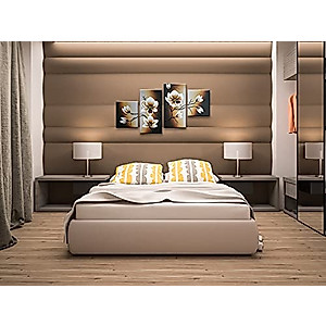 100% Hand-painted Wood Framed Abstract Floral Oil Painting on Canvas Warm Day Yellow Flowers Bloom Ready to Hang for Living Room Bedroom Home Decorations 4pcs/set