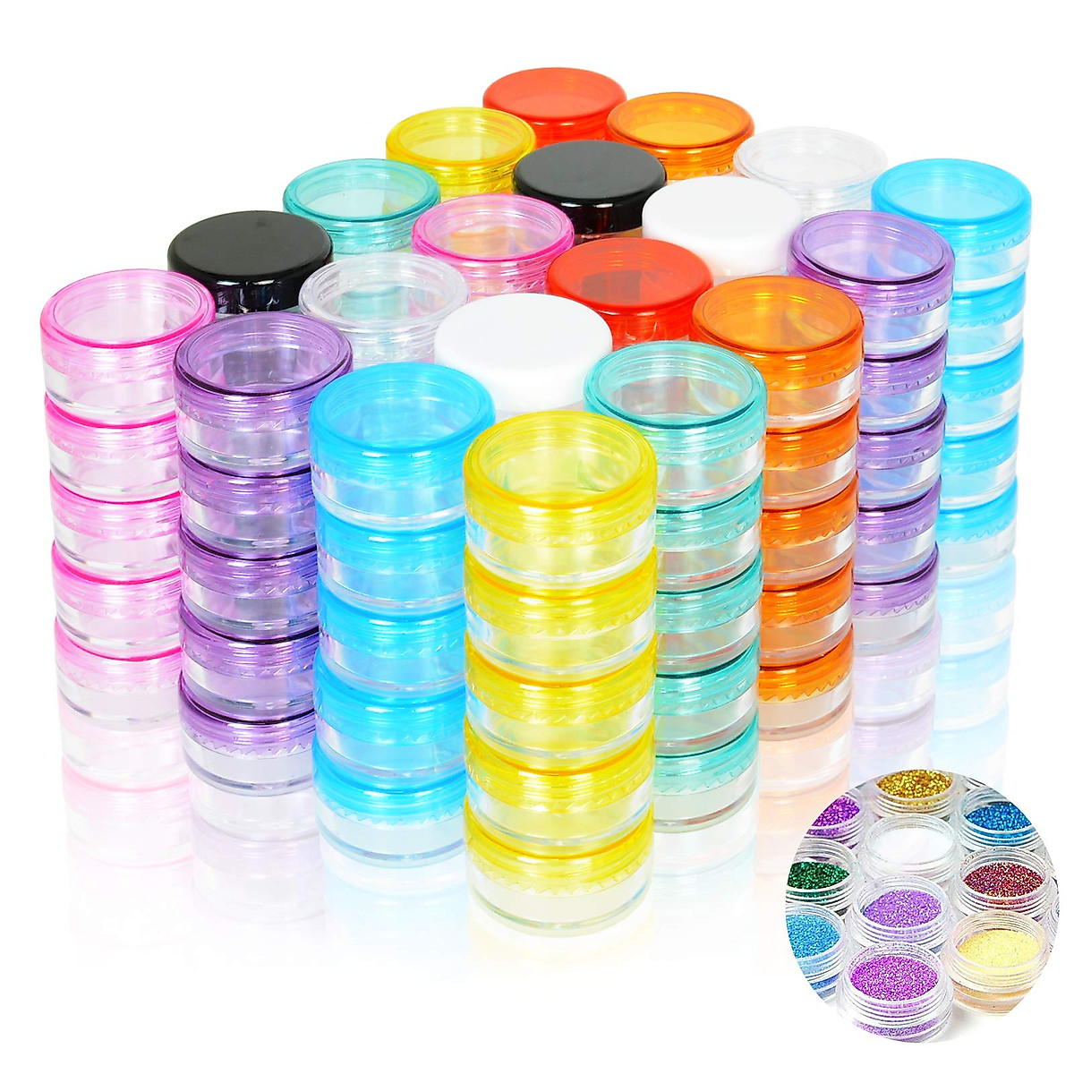 FULANDL 100Pcs 5G Sample Container, Empty Round Cosmetic Containers with Lid Plastic Container Pot Jars for Creams Nail Polish Lip Balm Lip Gloss Make-up Storage (10Color) (5G-100PCS)
